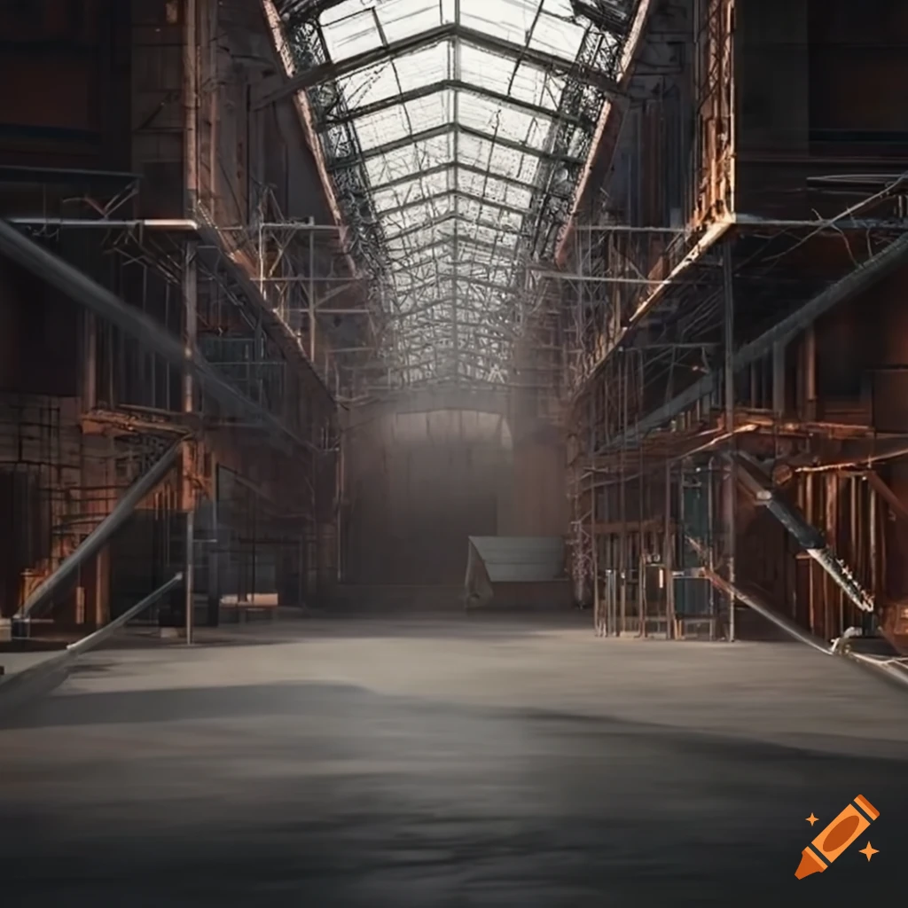 Hyper realistic render of shipyard hall filled with scaffolding