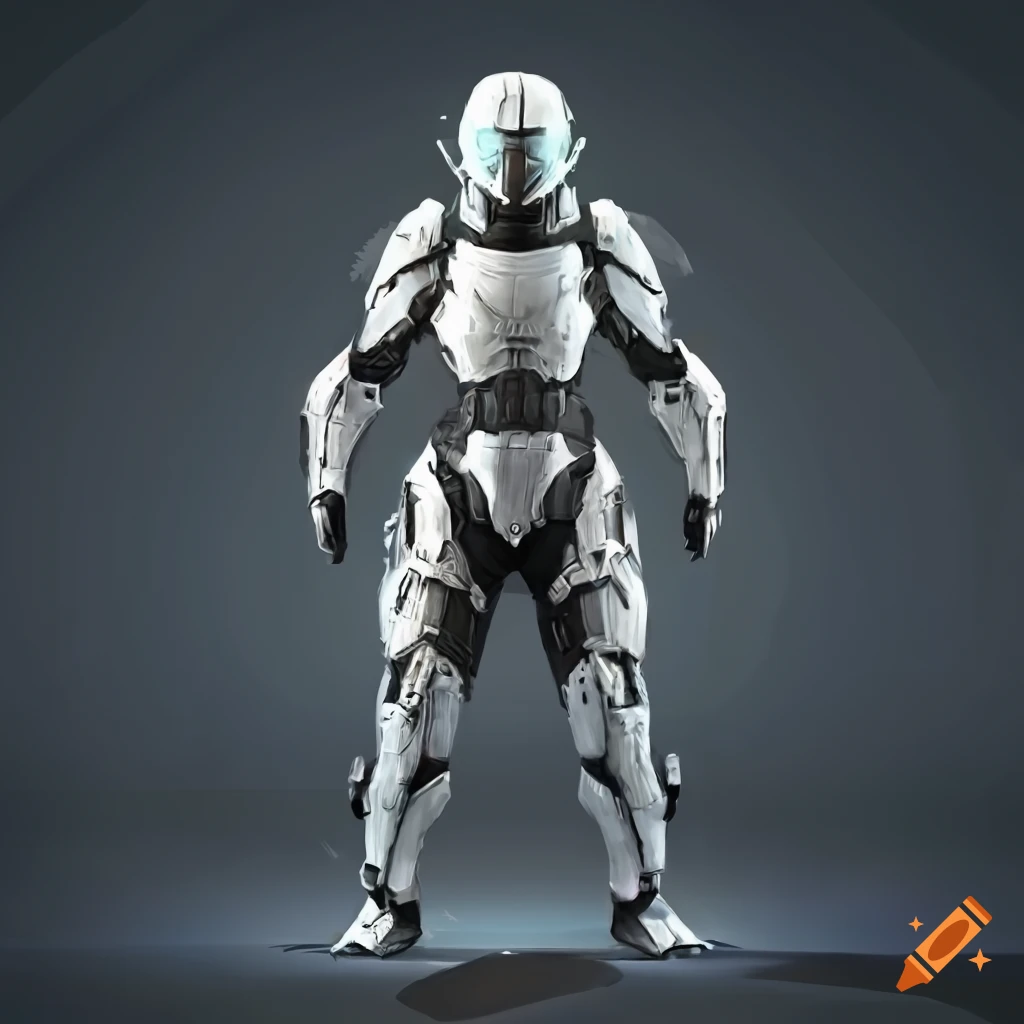 Futuristic soldier, white detailed armour, sleek, art deco, front view ...