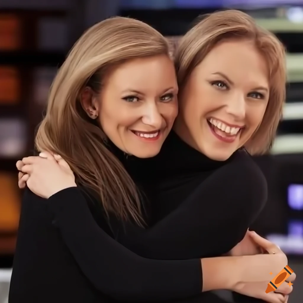 Two women from morning news show hug in black turtlenecks over tights ...