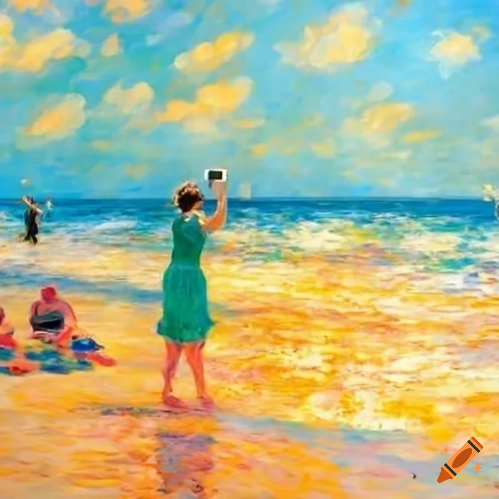 Monet painting of sunbathers taking selfies on the beach