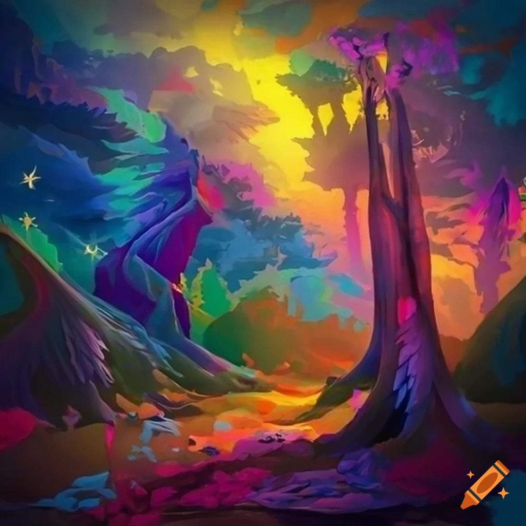 Fantasy landscape with vibrant colors and mythical creatures on Craiyon