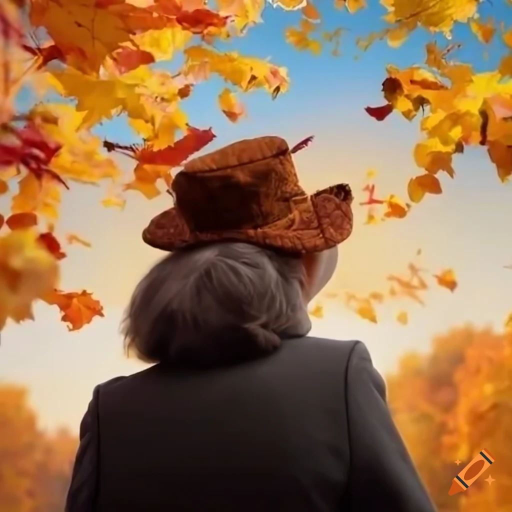 Old lady from back view, pointing at the sky with autumn leaves surround