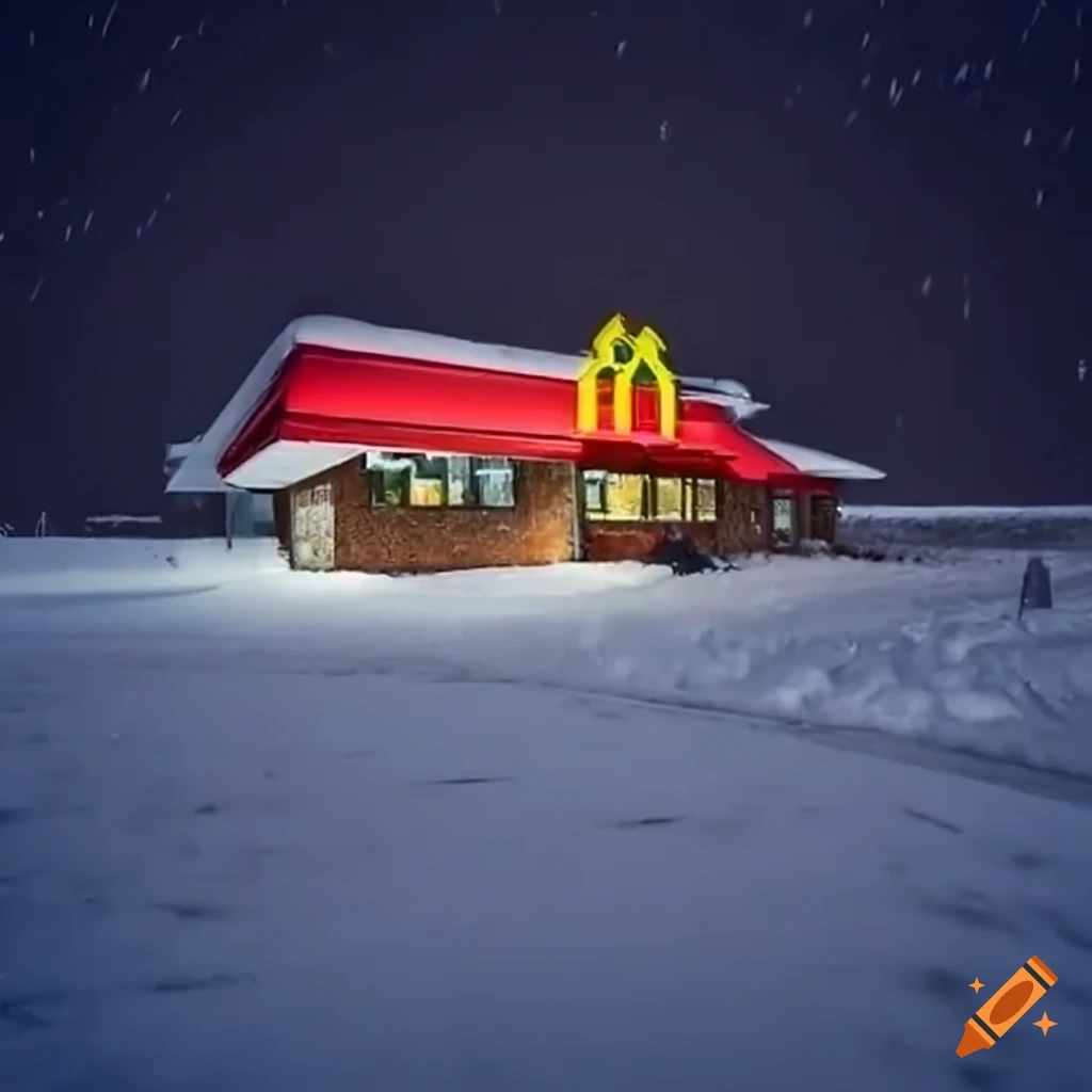 A McDonald’s restaurant located in a snowy tundra at night in a ...