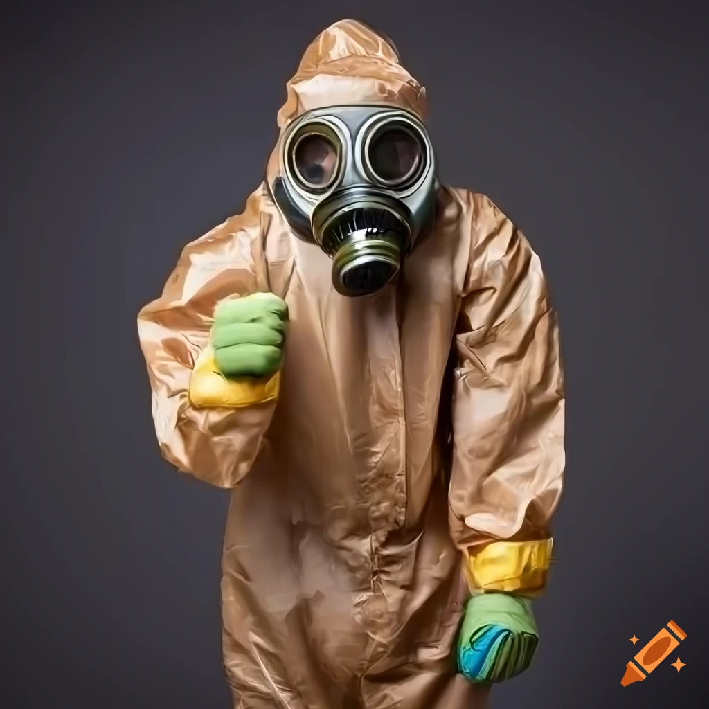 Person in hazmat brown suit with gas mask raising only one fist, with a ...