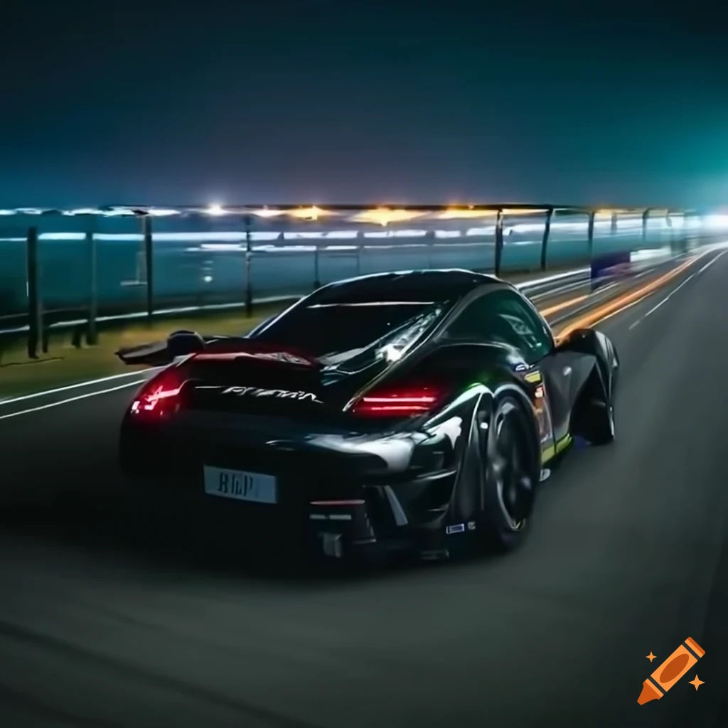 Black Porsche 918 Cayman GT4 RS racing on a highway at night, high ...