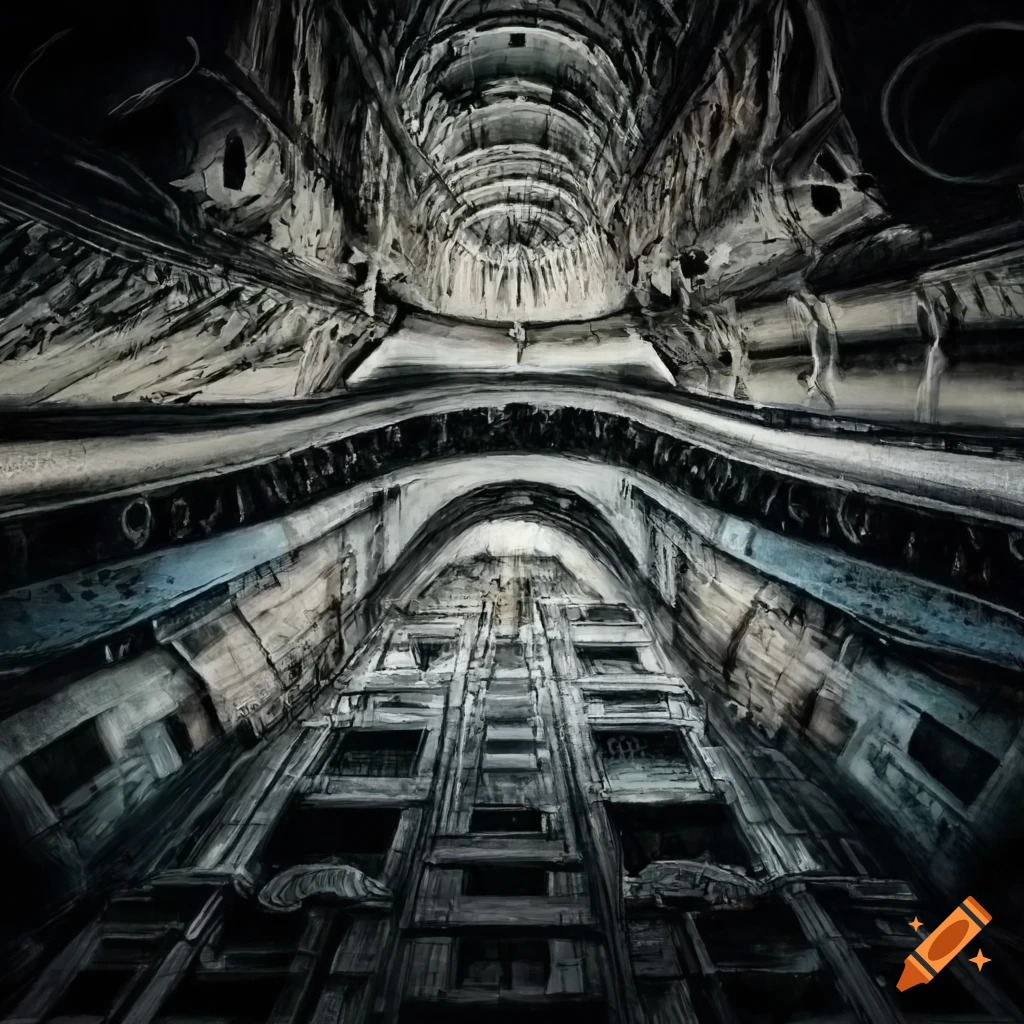 Dystopian landscape in a megastructure inspired by michael whelan ...