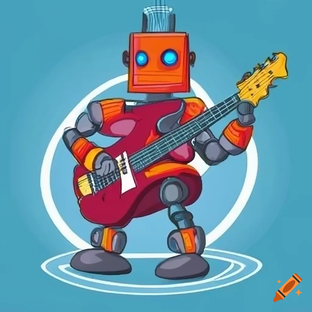 80's robot playing the bass guitar shooting phaser in a cartoon style ...