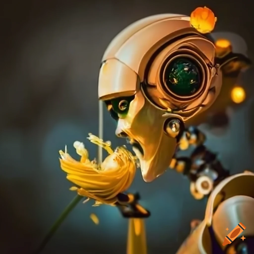 Angry robot smelling flowers