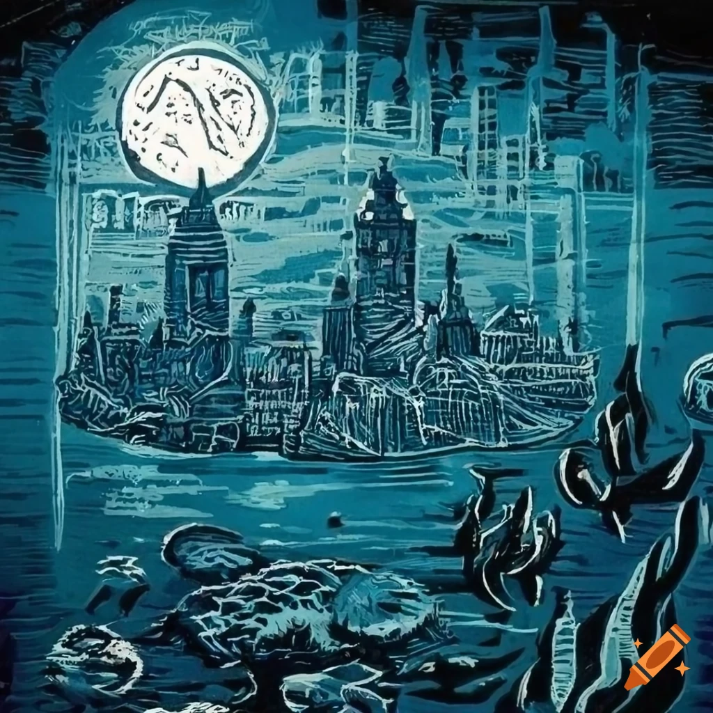 An underwater city, depicted in linocut style highly detailed on Craiyon
