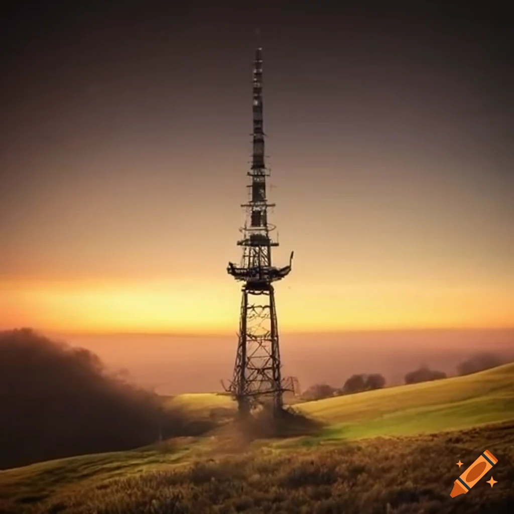 A radio tower on top of a hill over a post apocalyptic english village ...