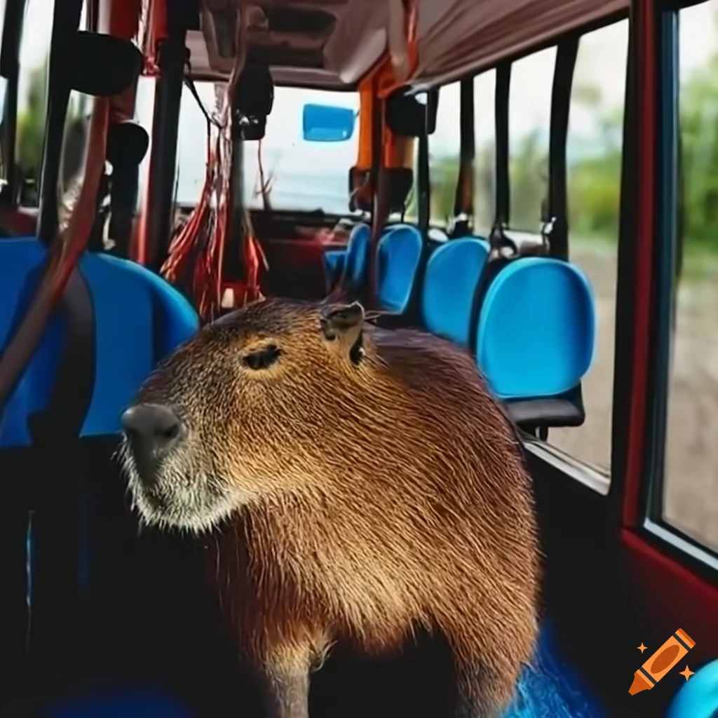 A capybara driving a bus, picking up passengers. full-length-picture on Craiyon