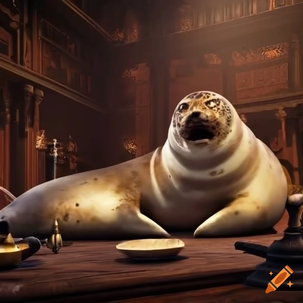 A fat gluttonous sluggish leopard seal lounging on pillows using a ...