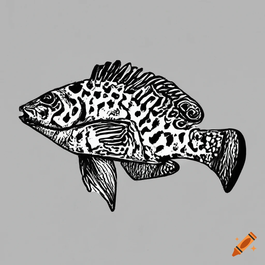 Ballan wrasse, black and white, pen drawing, doodle on Craiyon