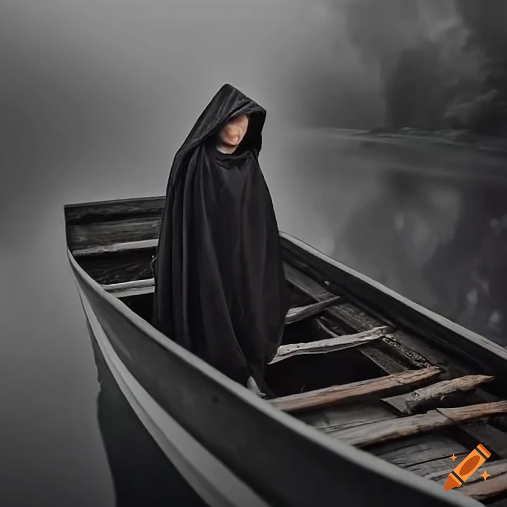 One old woman hunched over wearing a black cloak in a boat with fog on ...