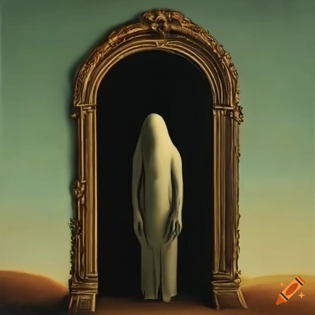 A ghostly figure standing in front of a mirror in the style of rene ...
