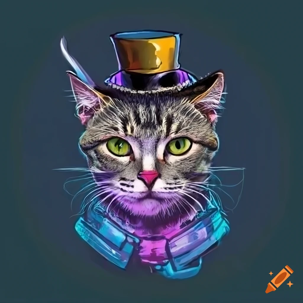 A tabby cat with a top hat in cyberpunk style on Craiyon