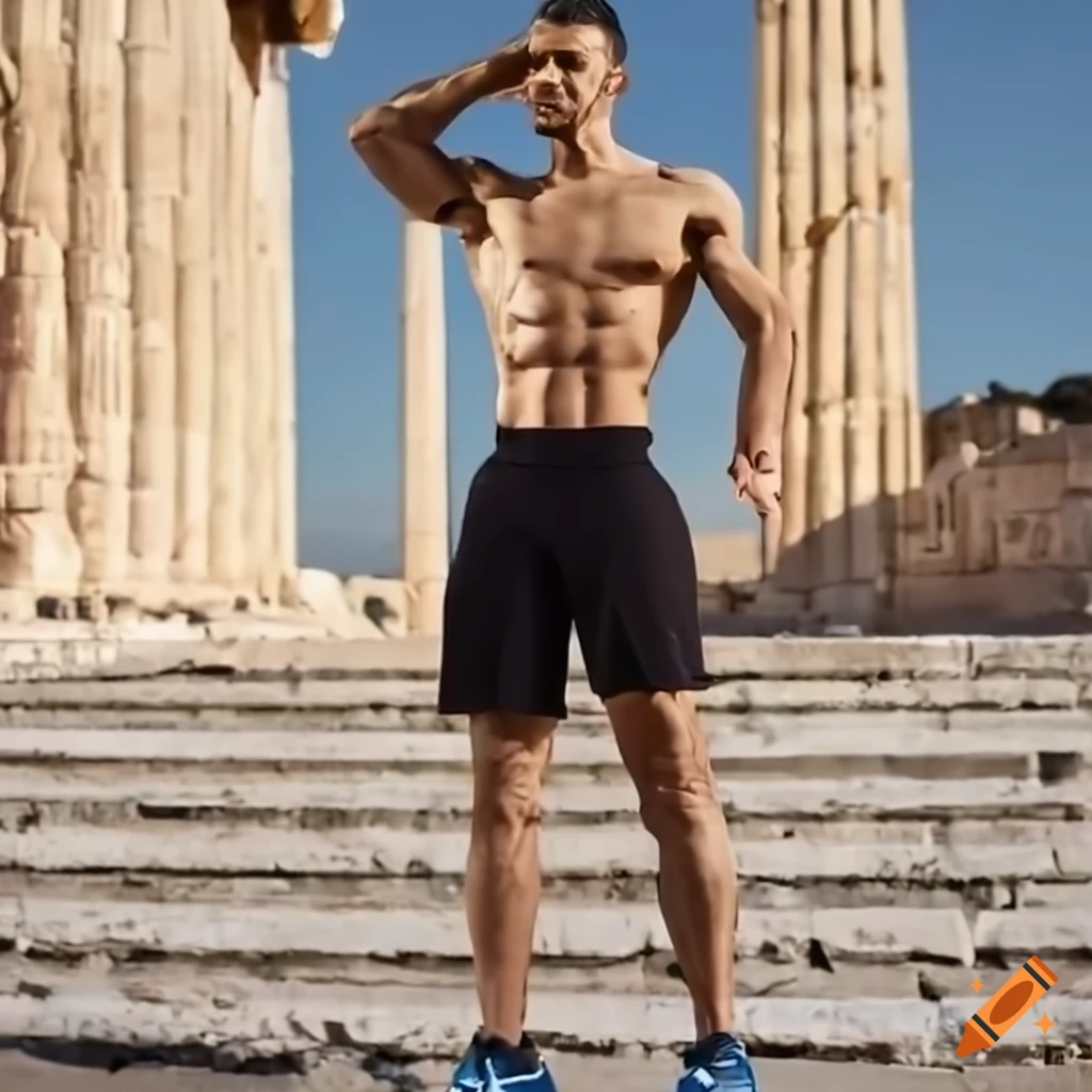 A strong greek athlete posing in front of acropolis on Craiyon