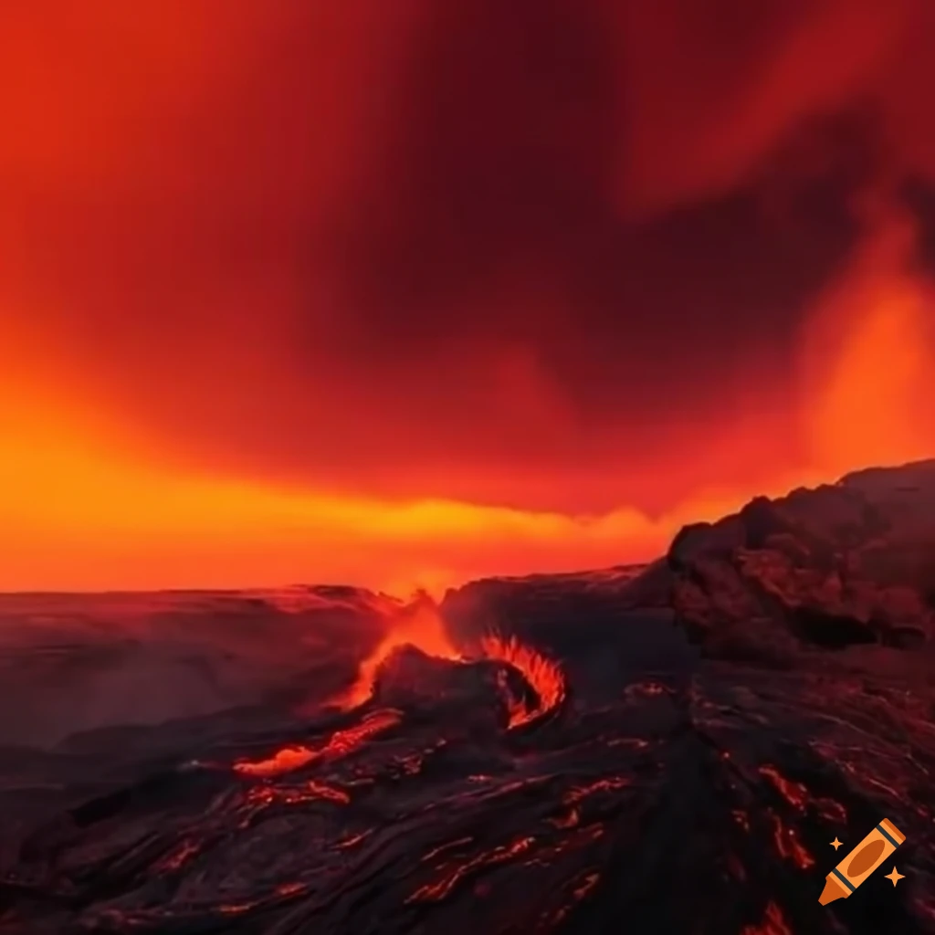 A fiery landscape with red skies and molten lava on Craiyon