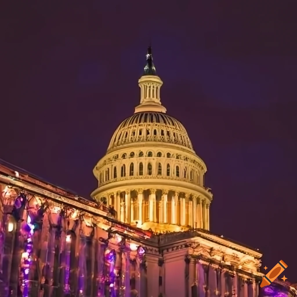 The US capitol decorated with orange and purple string lights on Craiyon