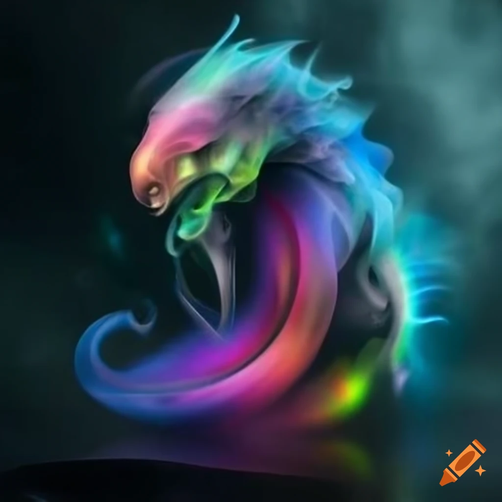 Fantasy creature composed of graphite and rainbow-colored smoke ...