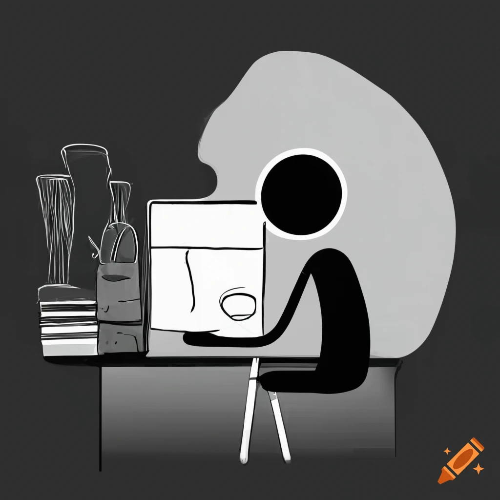 A stick-figure sitting in front of a laptop and coding with a cup of ...