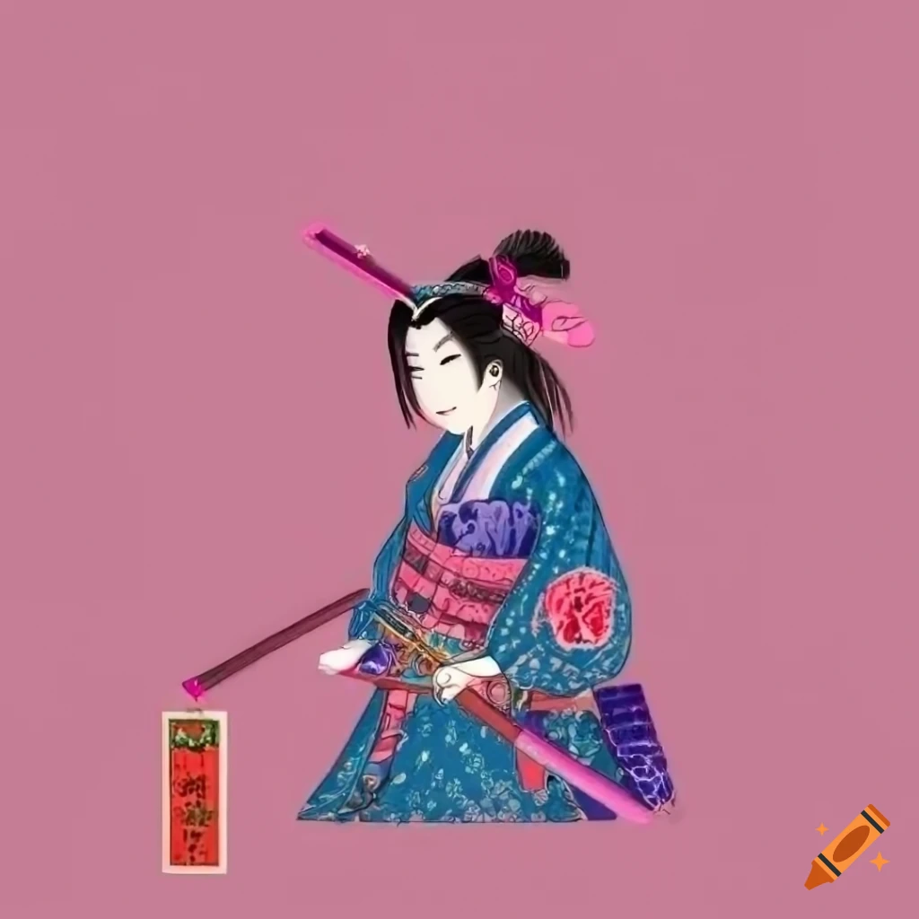 Samurai barbie in bubblegum pink ukiyoe woodblock print 4k high resolution