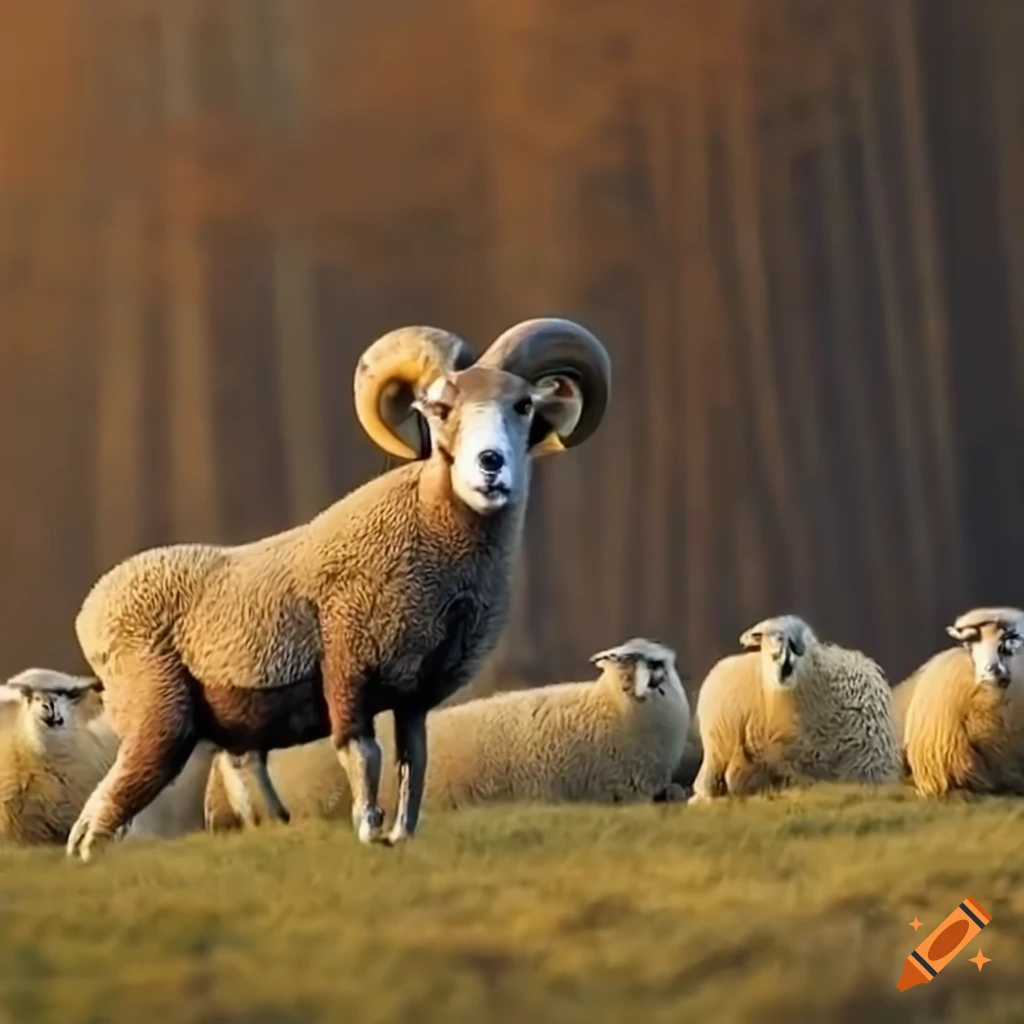 Majestic ram leading a flock of peaceful sheep