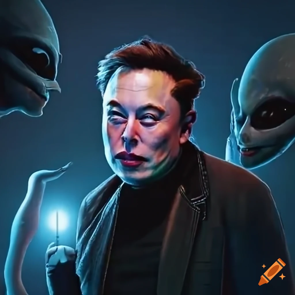 Elon musk with happy aliens
