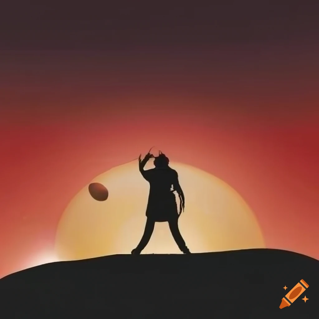 Silhouette atop a lowly lit planet with a sun barely rising