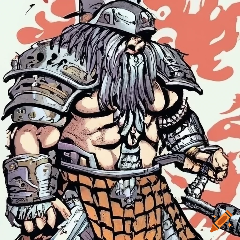 90's color manga, dwarf gladiator wearing ornate heavy full metal armor ...