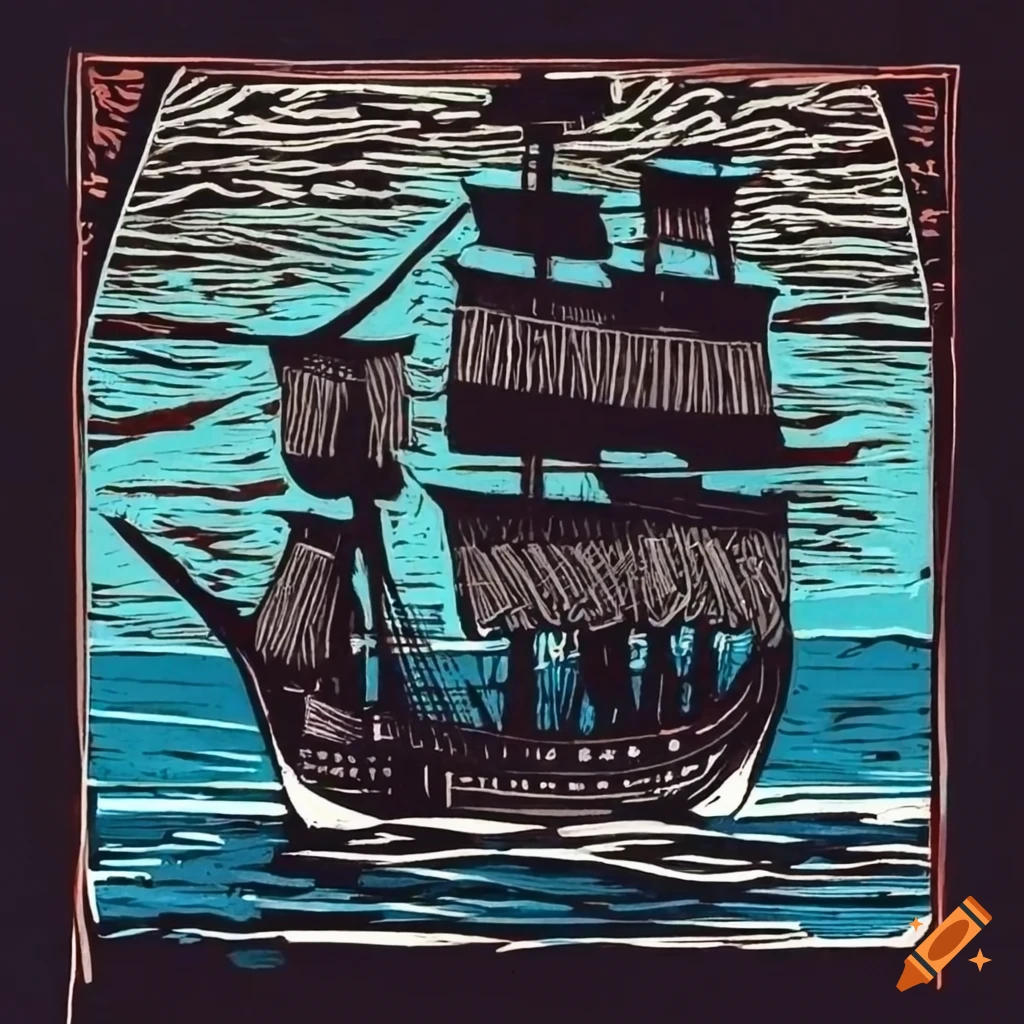 A tarot card in a linocut style, depicting a medieval ship with sailors ...