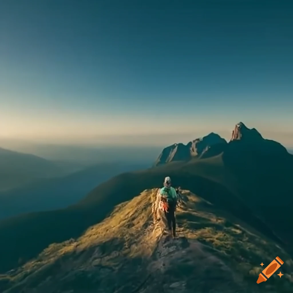 Man on a hill mountain looks in the distance