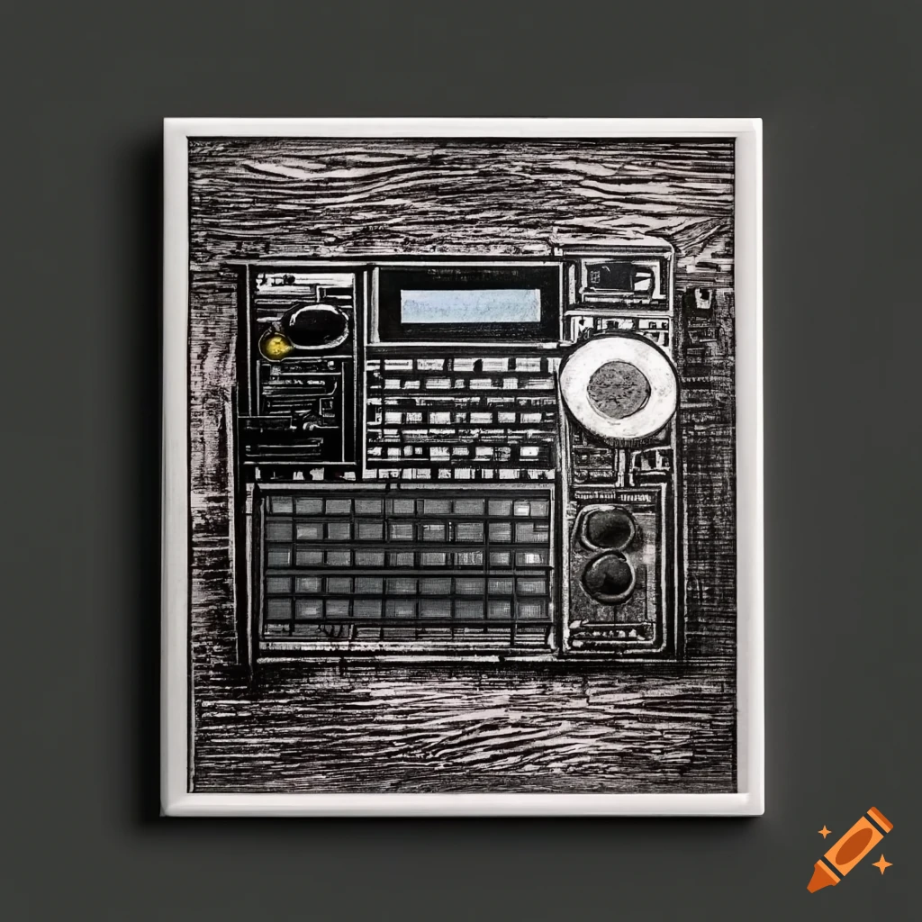 Akai mpc 2000 black line line woodcut etching print on Craiyon