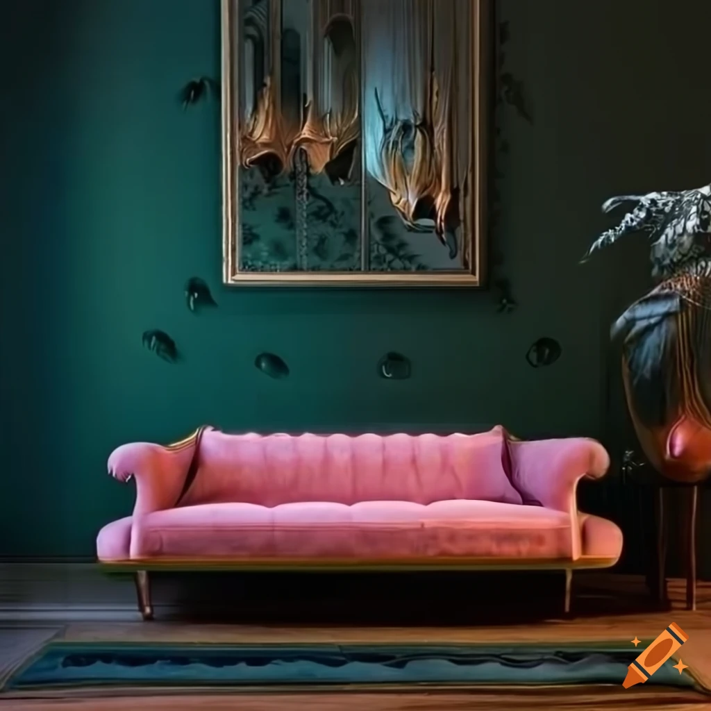 Photorealistic dark green art deco couch and light pink ottoman in a maximalist living room at ...