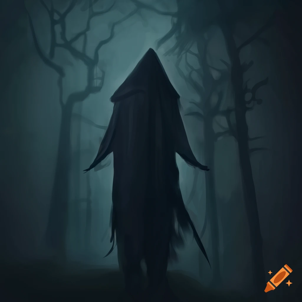 A tall creature standing with his back in a cloak to the ground and in ...