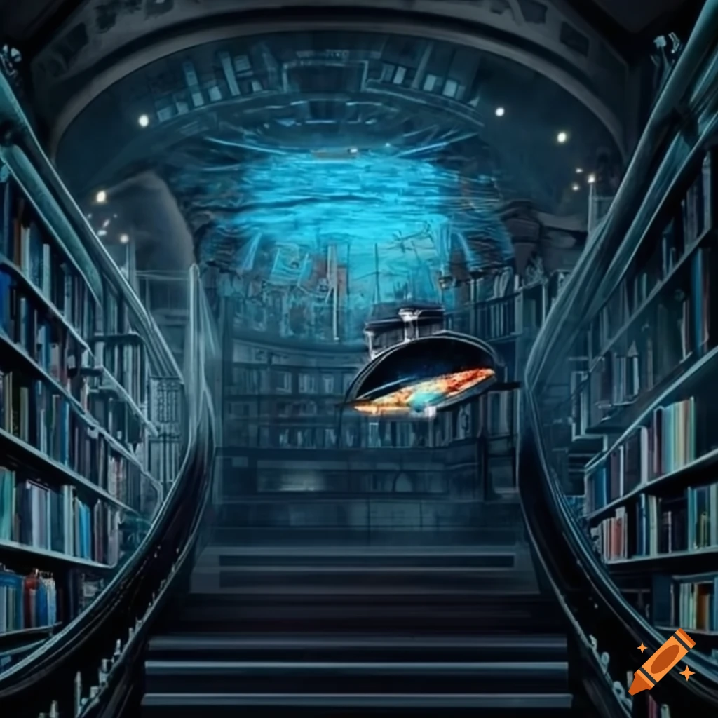 Spaceship in a library on Craiyon
