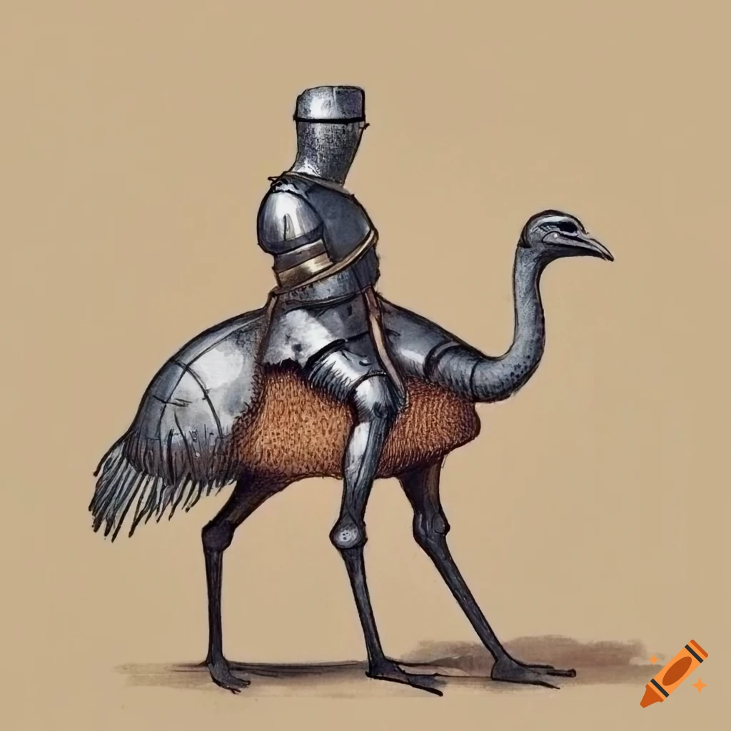 Medieval drawing. knight with lance riding a two ostrich bird two legs ...