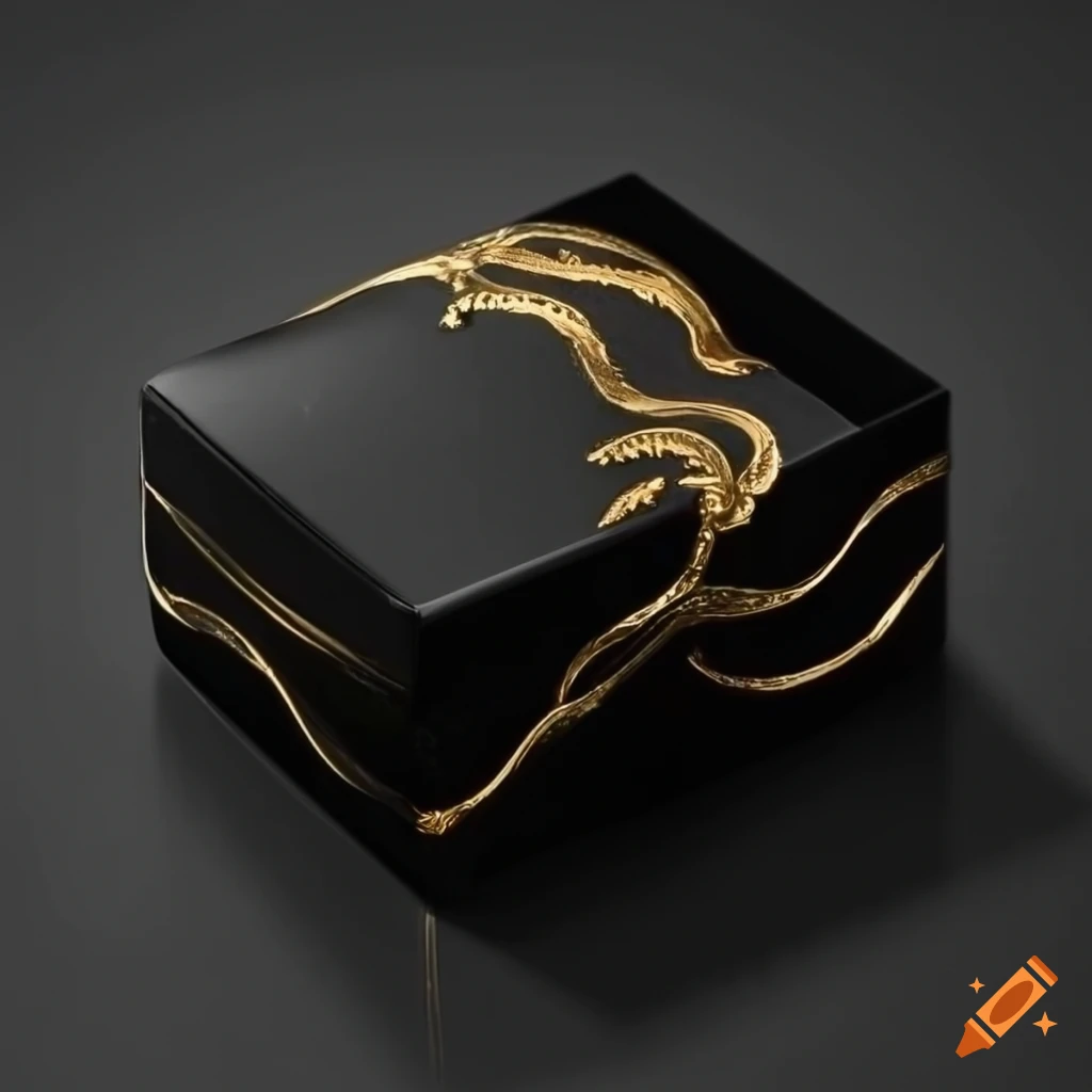 Elegant black lacquer box with gold wave design