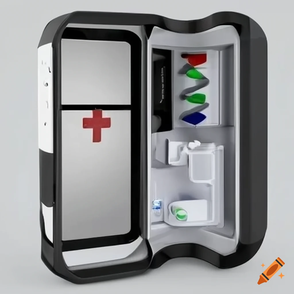Futuristic medical box with handle lock medicine and touchscreen on Craiyon