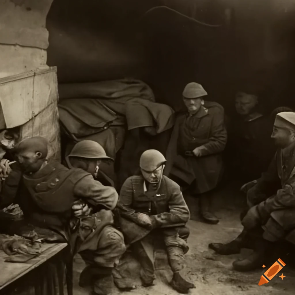 Vintage ww1 photo of german soldiers inside a bunker, socializing