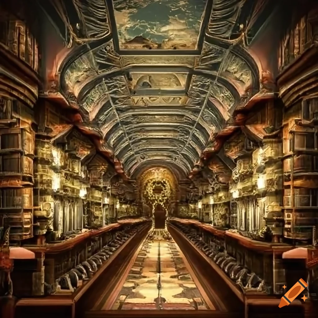 Large library with scrolls detailed on Craiyon