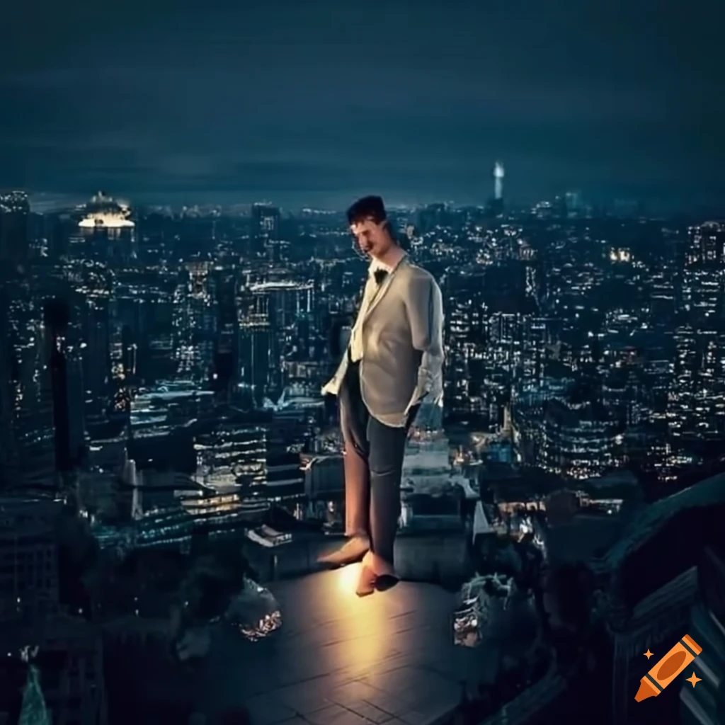A rich man standing at his balcony and see a beautiful rich city and ...