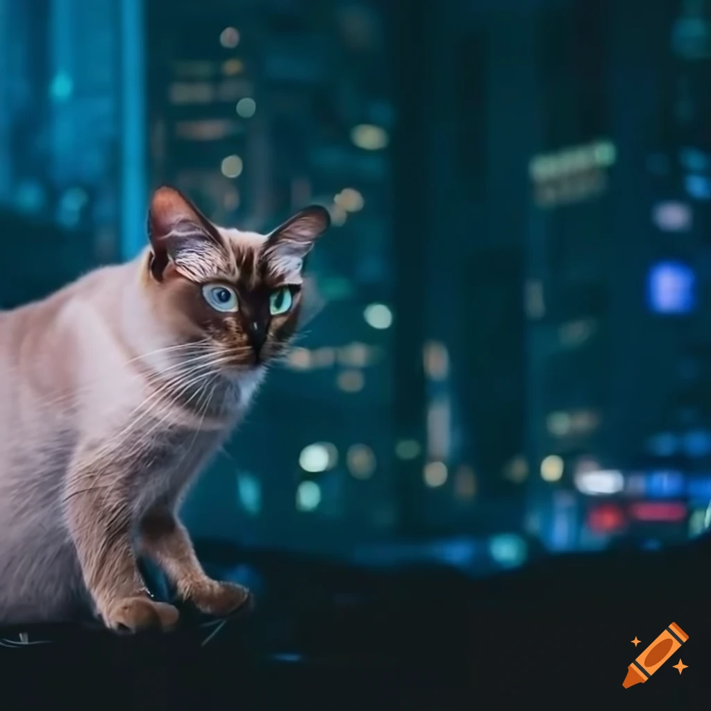 A green-eyed siamese cat on a roof in a cyberpunk city on Craiyon