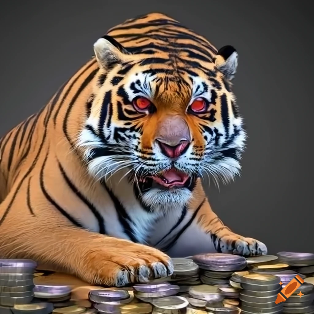 Full body image of a powerful tiger with red eyes, laying on piles of ...