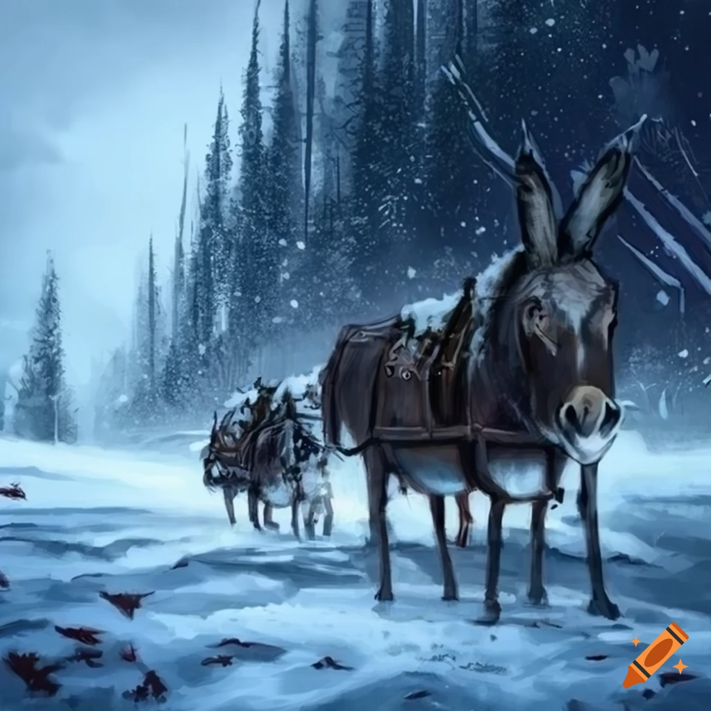 Fantasy art style, a pack donkey rides through the snow on Craiyon