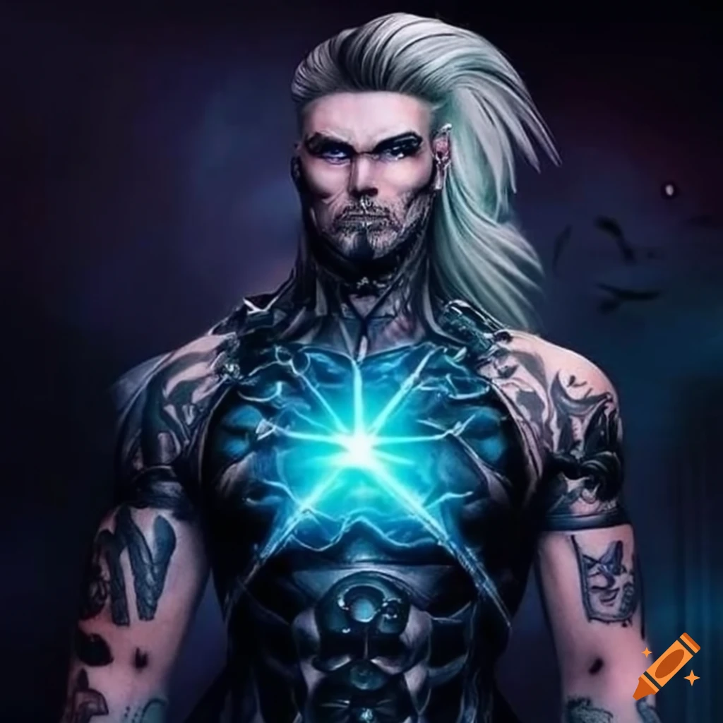 Giant Muscly bold superhuman, lots of gothic tattoos and piercings and ...