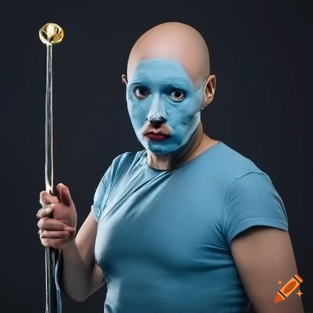 Theatrical masked bald male dancer with a confused, yet determined look ...