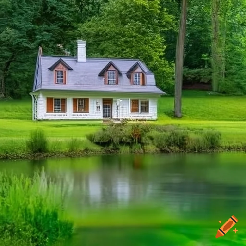Beautiful house with a pond in the middle of a lush meadow on Craiyon