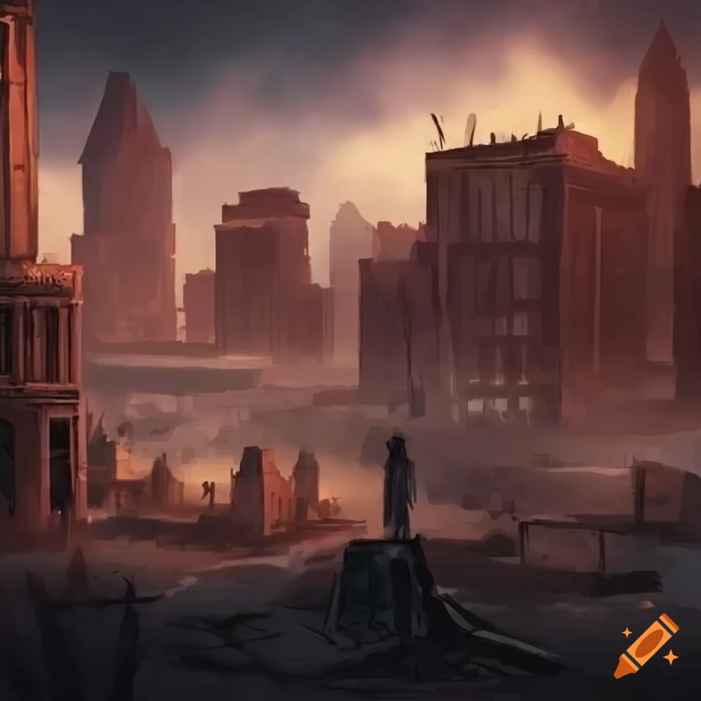 Show me concept art for a worn-down and mostly abandoned city in the ...