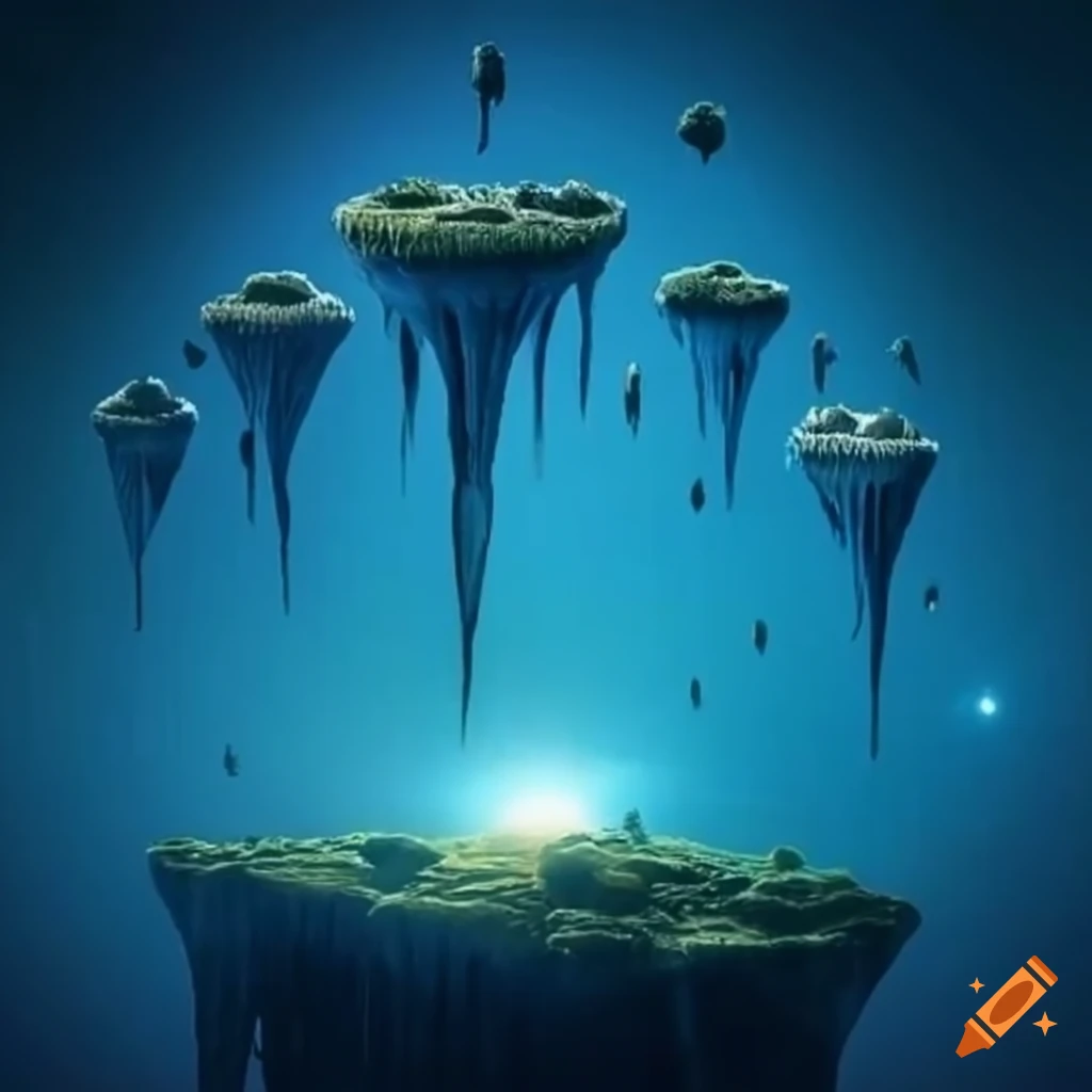 3 floating islands in the center of which is a giant stalactite in blue ...